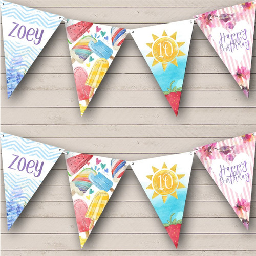 Summer Time Bright Floral Lollies Birthday Personalised Party Banner ...