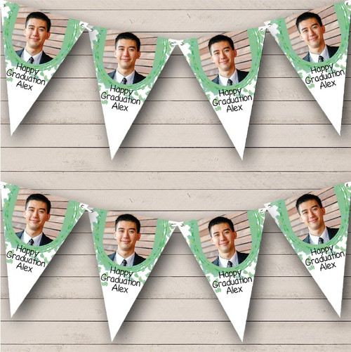 Green Leaves Simple Happy Graduation Photo Personalised Party Banner ...