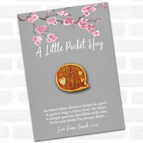 Speech Bubble I Love You Grey Pink Blossom Personalised Gift Pocket Hug ...