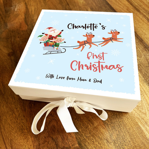 Babies 1st Christmas Santa Sleigh With Elves Personalised Square Hamper ...