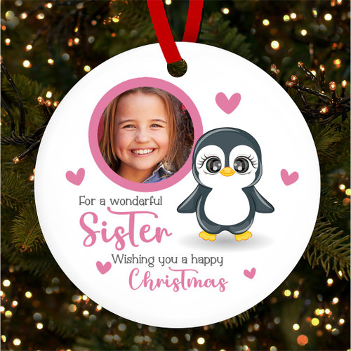 Wonderful Sister Penguin Photo Personalised Christmas Tree Ornament ...