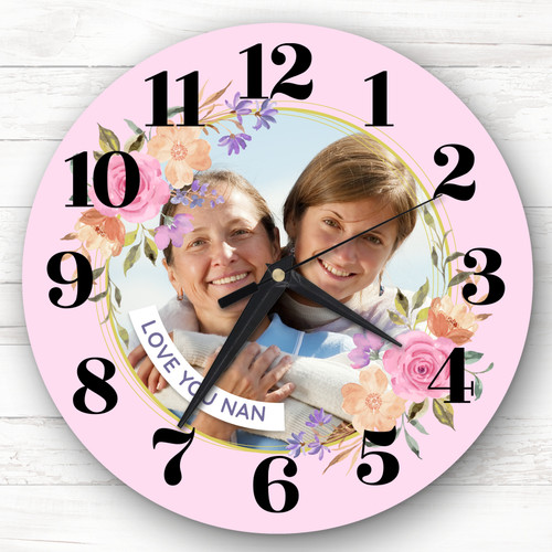 Nan Pink Flower Wreath Photo Personalised Gift Personalised Clock - The ...
