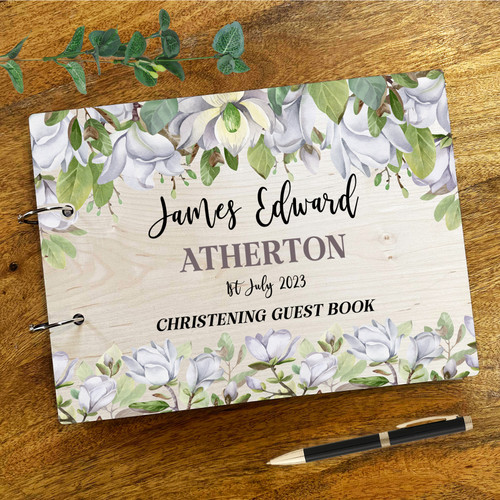 Wood Magnolia Flower Message Notes Keepsake Christening Guest Book ...