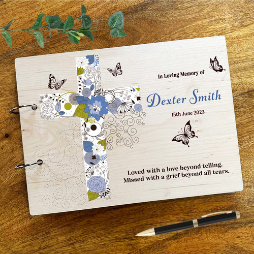 Floral White Blue Cross Sympathy In Loving Memory Funeral Condolence ...