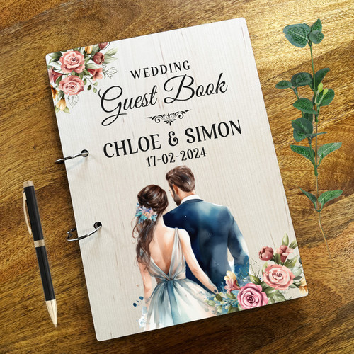 Wood Floral Groom And Bride Message Notes Keepsake Wedding Guest Book ...