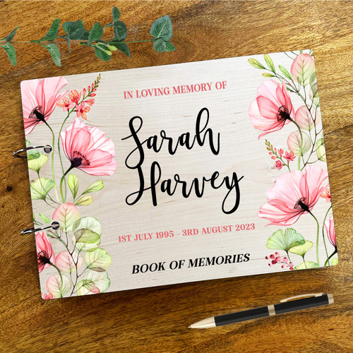 Wood Pink Poppy Flowers Memorial In Loving Memory Photo Album Keepsake ...