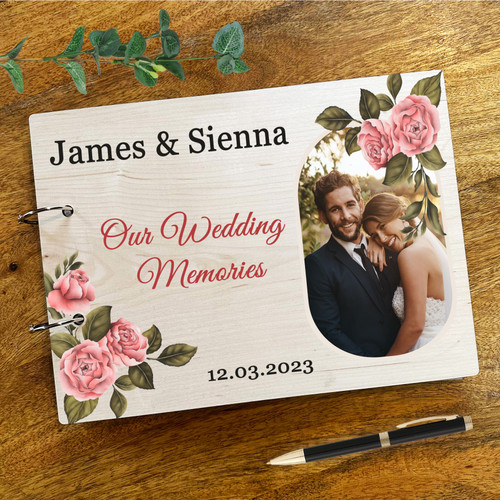 Wood Pink Floral Photo Album Wedding Day Memories Scrapbook Keepsake ...