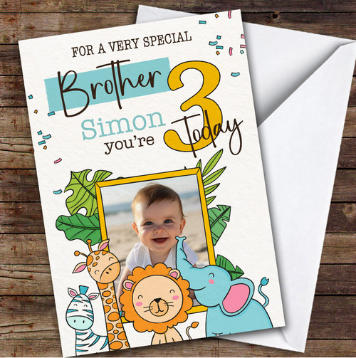 Brother 3rd Safari Animals Photo Boys Custom Personalised Birthday Card ...