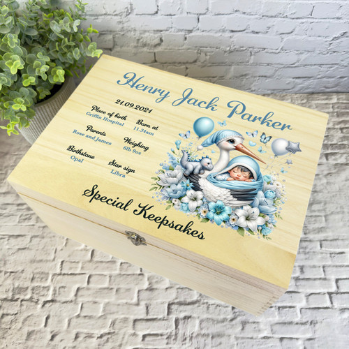 Blue White Stork Birth Details New Baby Boy Personalised Wooden ...