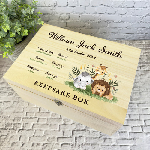 Safari Animals New Baby Personalised Storage Wooden Memory Keepsake Box ...