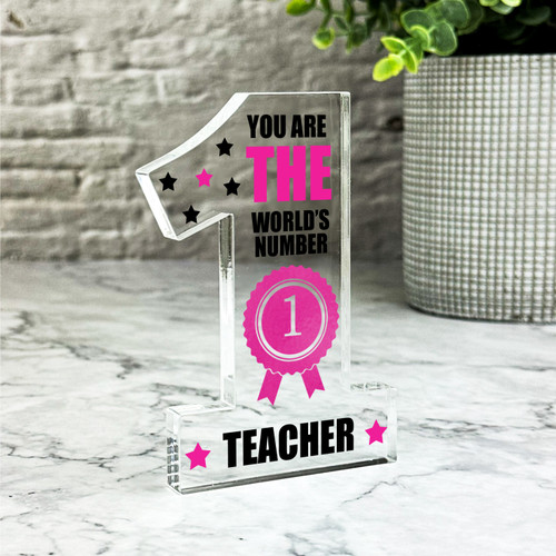 The World's No.1 Teacher Pink Gift Number One Award Keepsake Plaque ...