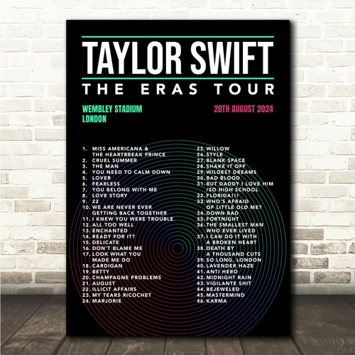 Taylor Swift - Concert Setlist Gig Poster Print Canvas Black - Wembley ...