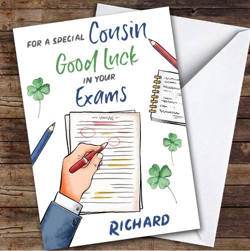Personalised Good Luck In Exams Card For Cousin Hand Test - The Card Zoo