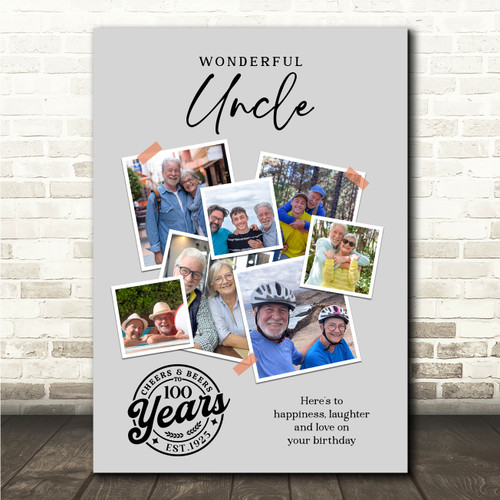 Photo Collage 100th Birthday Custom Gift For Uncle 7-Photo Grey Print ...