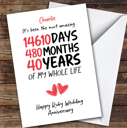 40th Wedding Anniversary Card Personalised The Most Amazing Days Months ...