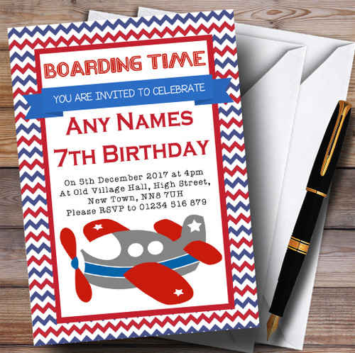 Blue and Red Chevrons Plane Children's Birthday Party Invitations - The ...