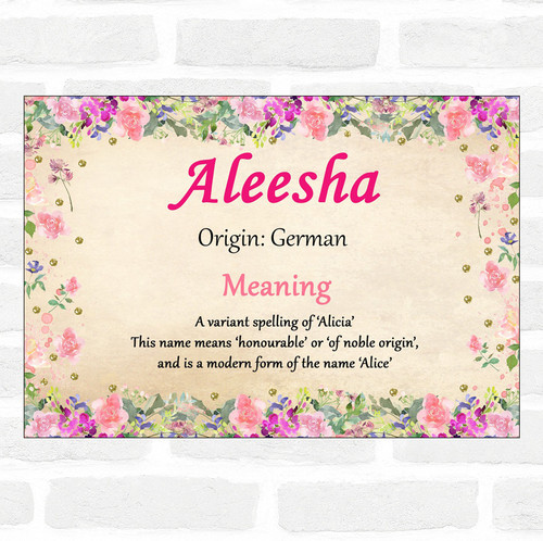 Aleesha Name Meaning Floral Certificate - The Card Zoo