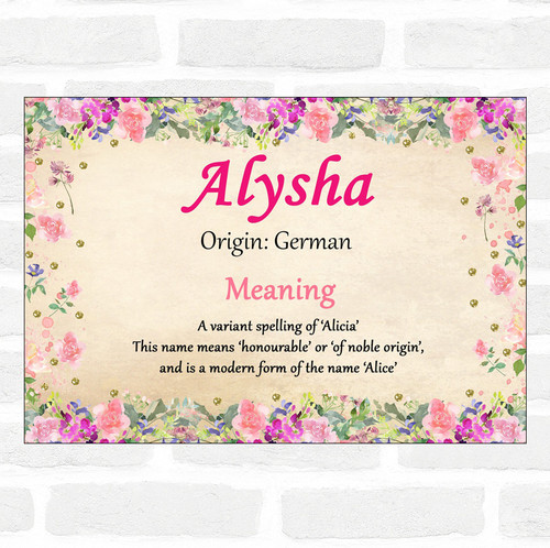 Alysha Name Meaning Floral Certificate - The Card Zoo