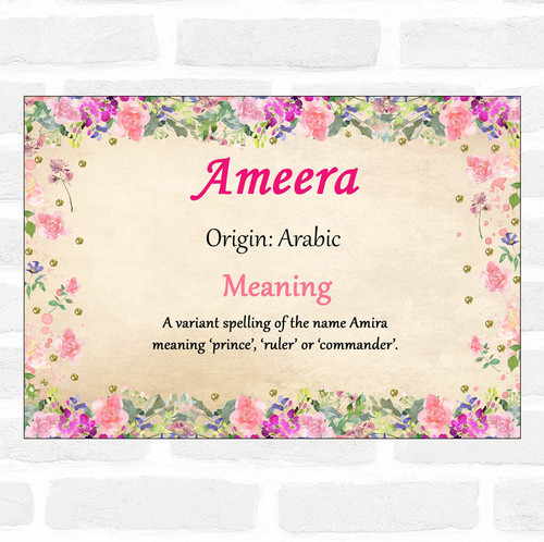 Ameera Name Meaning Floral Certificate - The Card Zoo