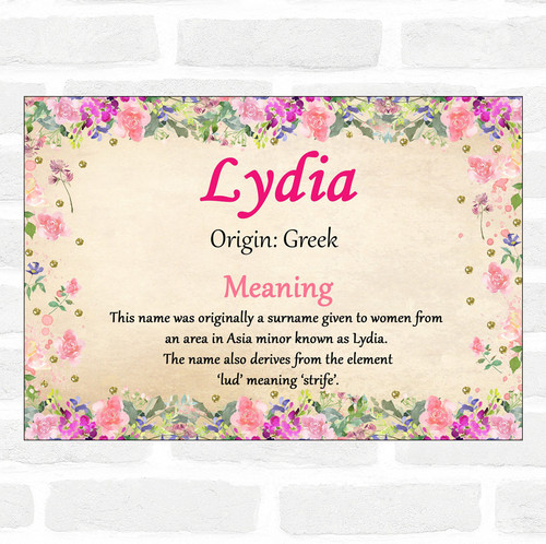 Lydia Name Meaning Floral Certificate - The Card Zoo