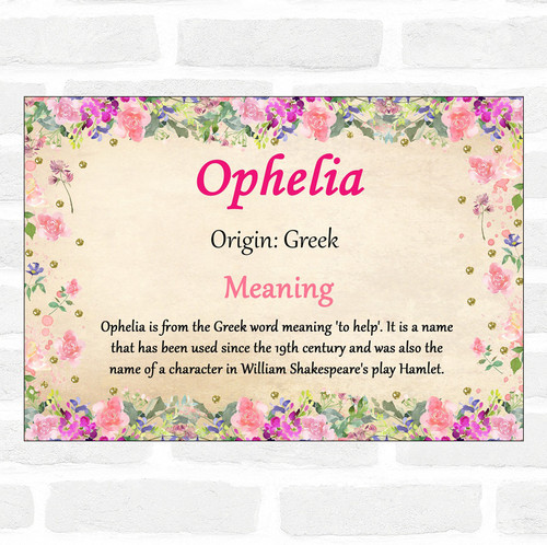 Ophelia Name Meaning Floral Certificate - The Card Zoo