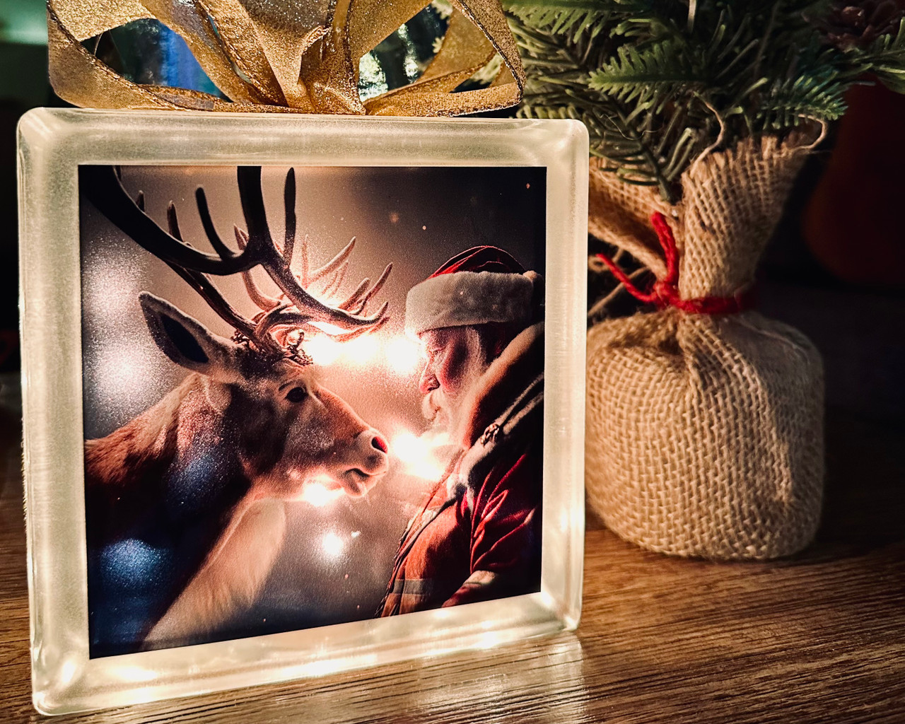 Lighted Glass Block: Santa & Prancer - Queen B Home