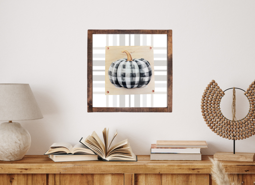 Buffalo Check Pumpkin On Grey Plaid Framed Wood Sign [The Storybook ...
