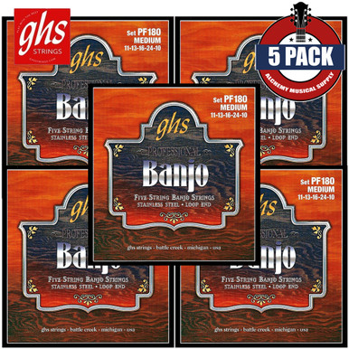 5-PACK GHS PF180 Stainless Steel 5-String Banjo Loop End Strings - .011 ...