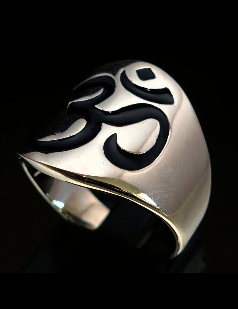 Sterling silver Buddhist symbol ring Ohm Buddhism in Black enamel high ...