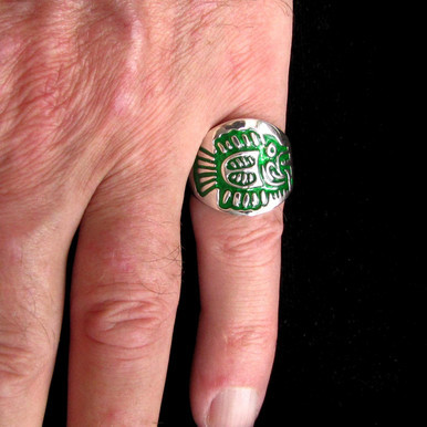 Sterling silver ancient Aztec symbol ring Maya Inca Fish hieroglyph ...