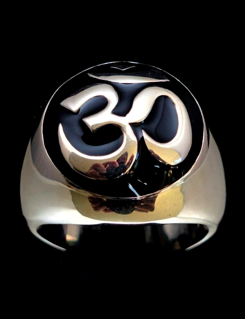 Sterling silver Buddhist symbol ring Ohm Buddhism in Black enamel high ...