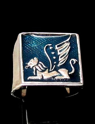 Sterling silver ancient symbol ring Winged Lion mythological creature ...