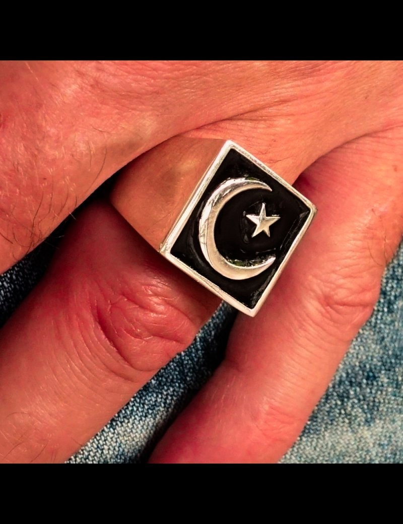 Sterling silver Islam symbol ring Crescent Moon and Star Flag on Black ...