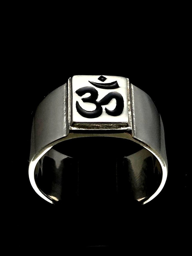 Sterling silver Buddhist symbol ring Ohm Buddhism in Black enamel high ...