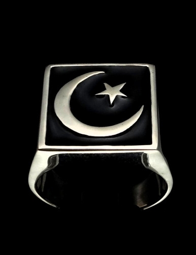 Sterling silver Islam symbol ring Crescent Moon and Star Flag on Black ...