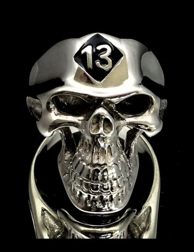 Sterling silver Biker Skull ring 13 symbol with Black enamel on ...