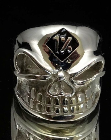 Sterling silver men's Biker ring One Percent symbol 1 % Black enamel on ...