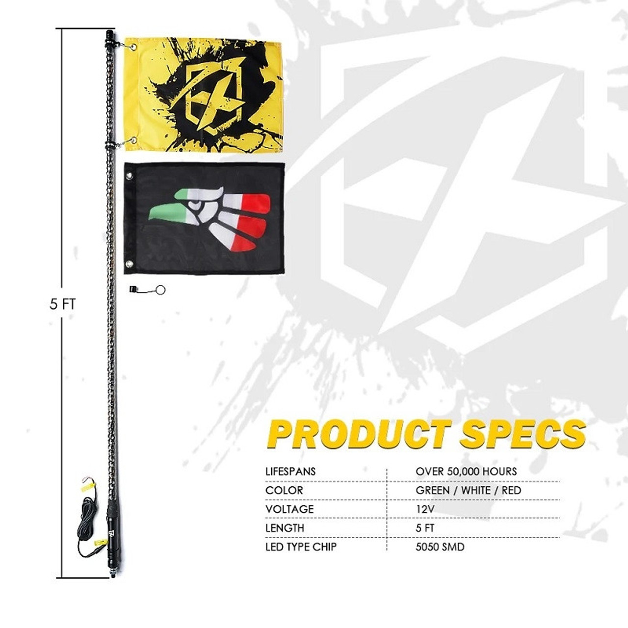 Polaris Ranger Spiral Static Led Whip Light With Mexico Eagle Flag By