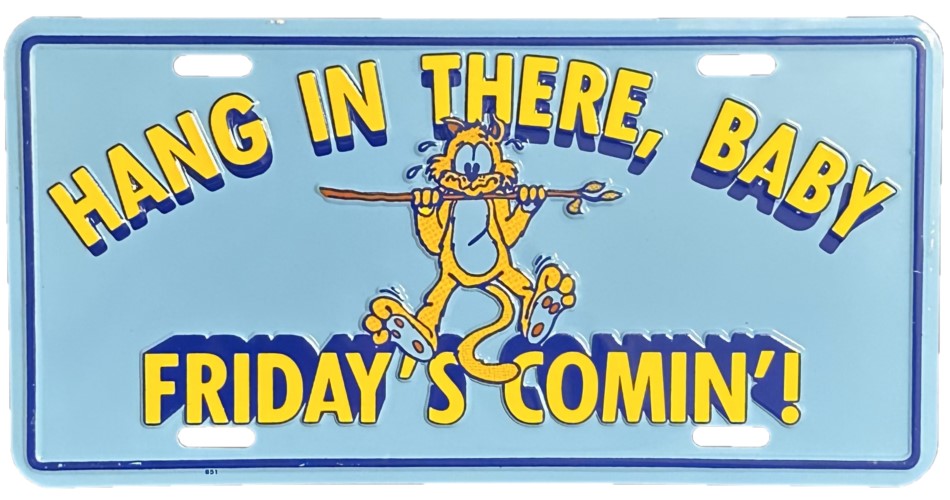 Hangtime Hang In There Baby Friday's Comin'! 6x12 License Plate