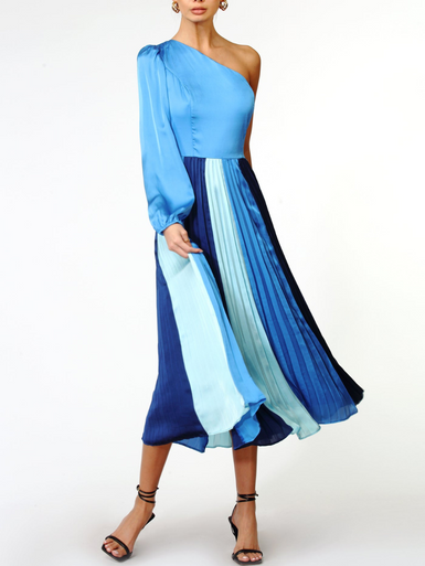 Cher One Shoulder Pleated Colorblock Midi Dress - L.A. Green