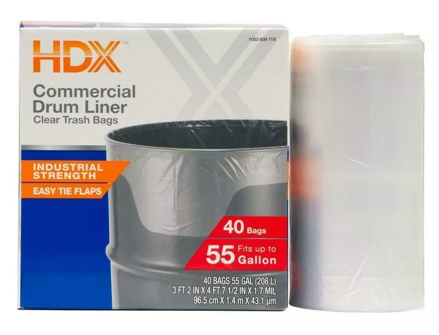 HDX Commercial Clear Heavy-Duty Flap Tie Drum Liner Trash Bags 55 ...