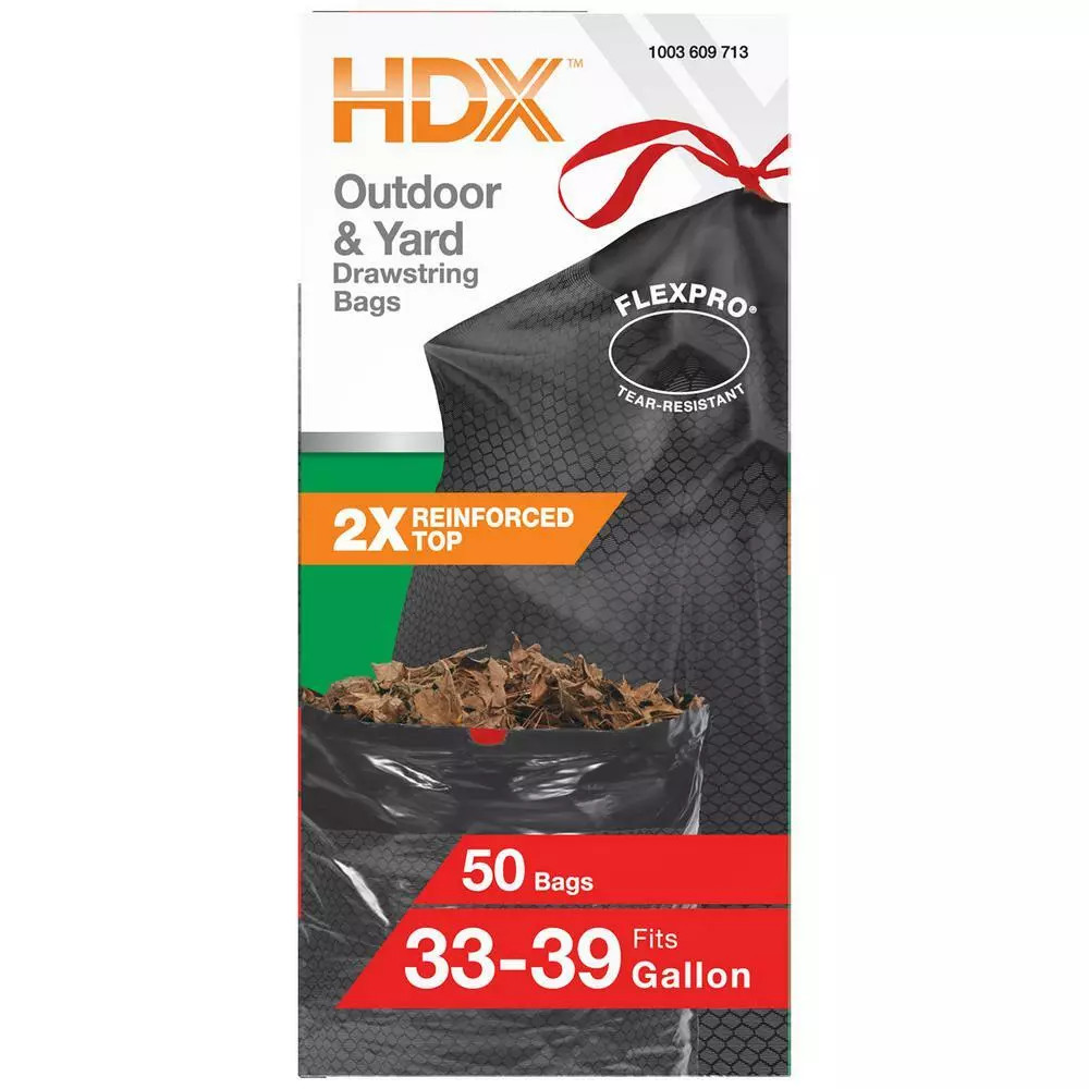 HDX FlexPro Outdoor & Yard Black Drawstring Trash Bags 33-39 Gallon 50 CT