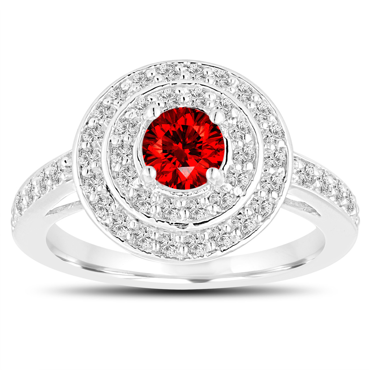 1.85 Carat Fancy Red Diamond Engagement Ring 14k White Gold Unique Halo ...