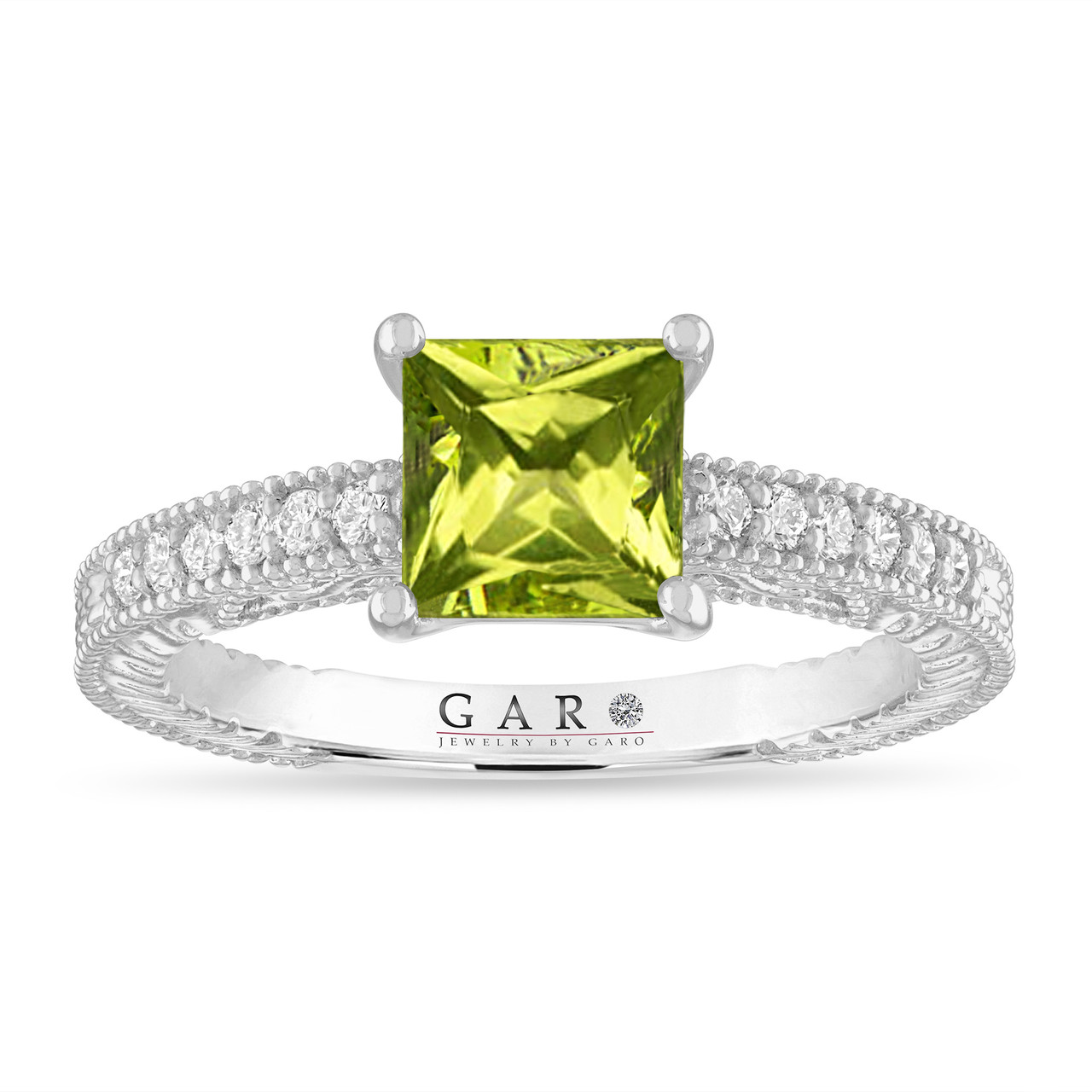 Unique Peridot Engagement Ring, Princess Cut Vintage Diamond Scroll ...
