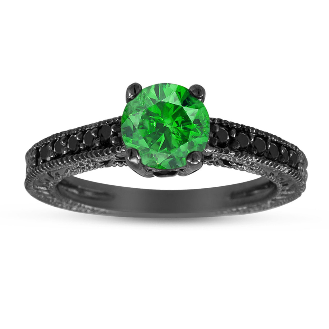 1 Carat Fancy Green Diamond Engagement Ring 14K Black Gold Vintage Style Engraved Certified