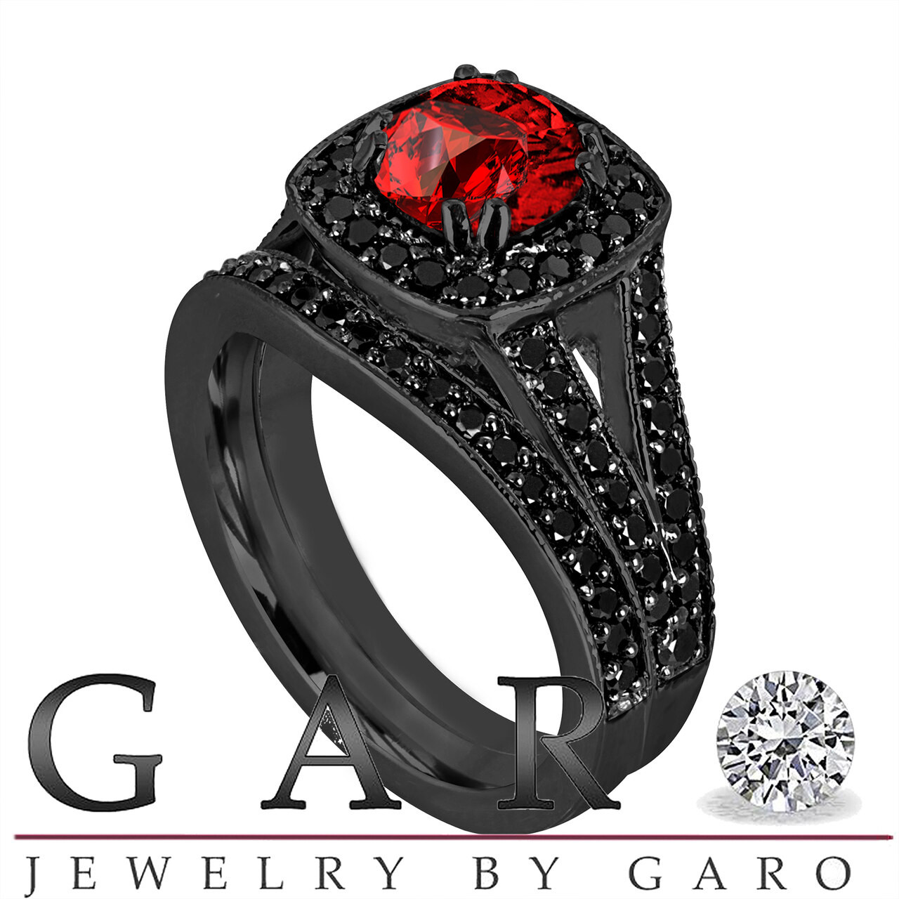 1.79 Carat Red Diamond Engagement Ring and Wedding Band Sets 14K Black ...