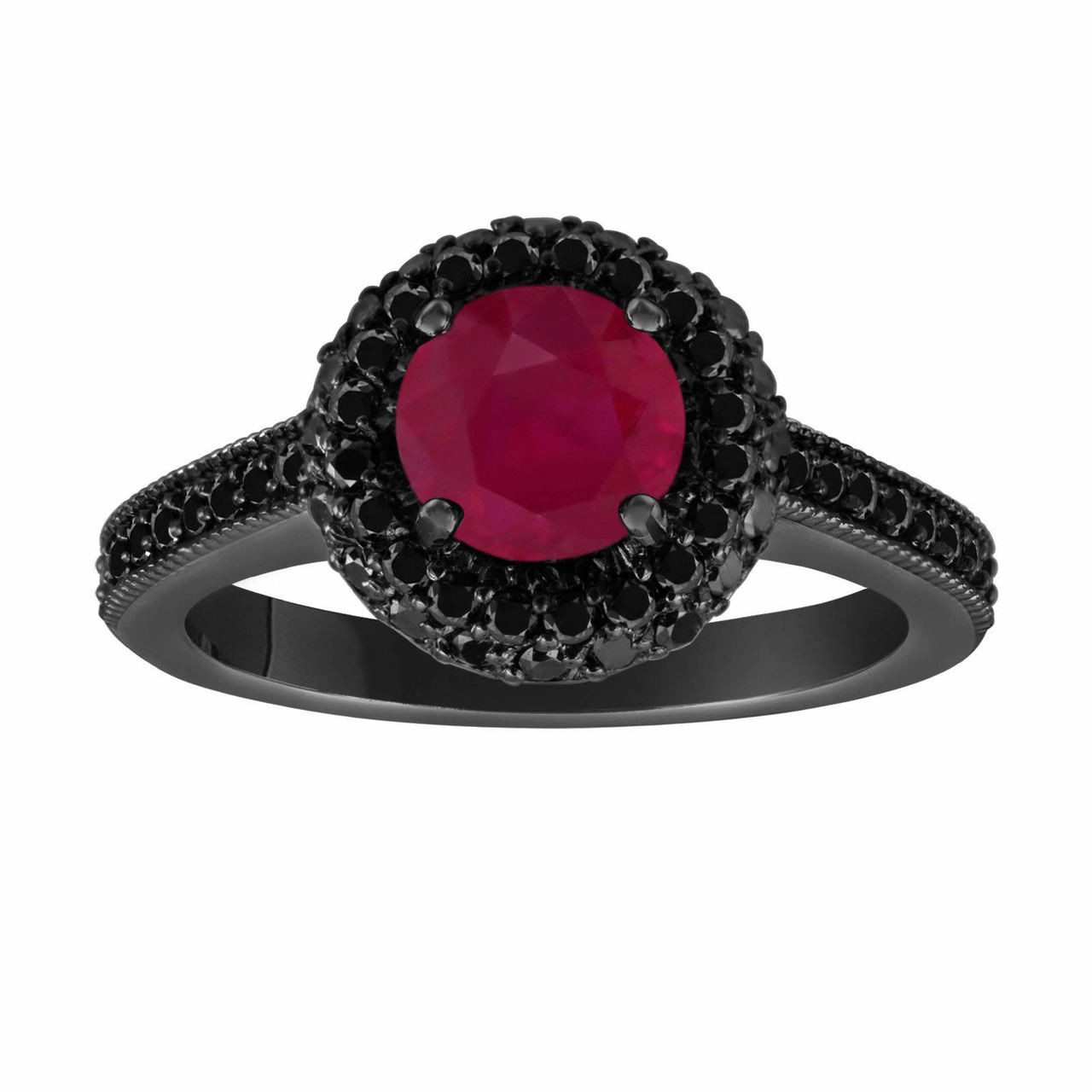 Ruby And Black Diamonds Engagement Ring 14K Black Gold Vintage Style 1. ...