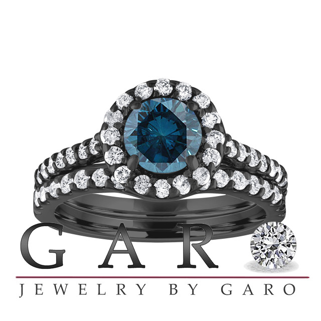 Blue Diamond Engagement Ring Set, Wedding Ring Set, Vintage Style ...