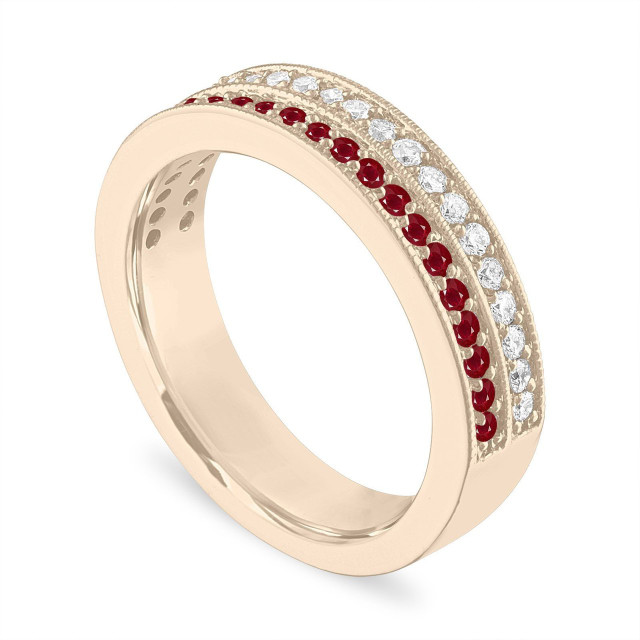 Ruby and Diamonds Wedding Band, Half Eternity Ruby Wedding Ring, 4 mm Two Row Anniversary Ring ...