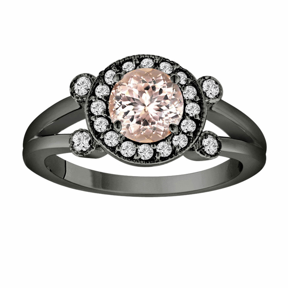 Pink Peach Morganite Engagement Ring 14K Black Gold Vintage Style 1.03 ...